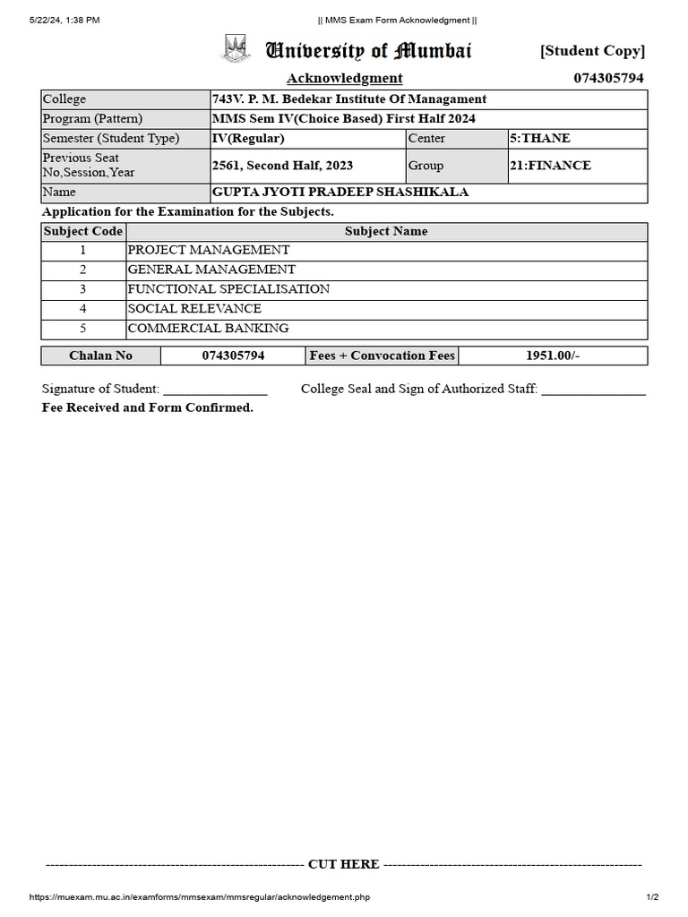 MMS Exam Form Acknowledgment | PDF | Educational Stages