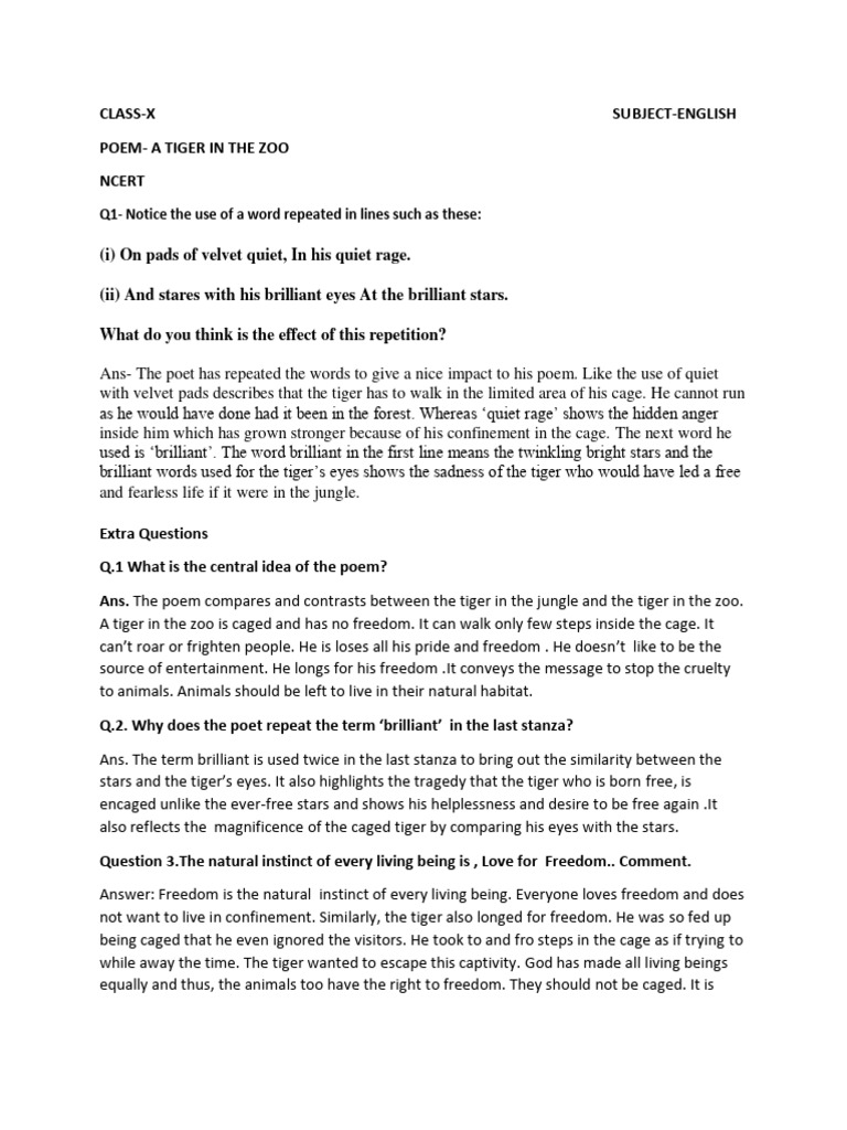 A Tiger in The Zoo Extra Question | PDF | Zoo | Tiger