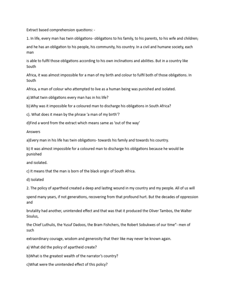 NELSON MANDELA Extract Based Comprehension Questions | PDF