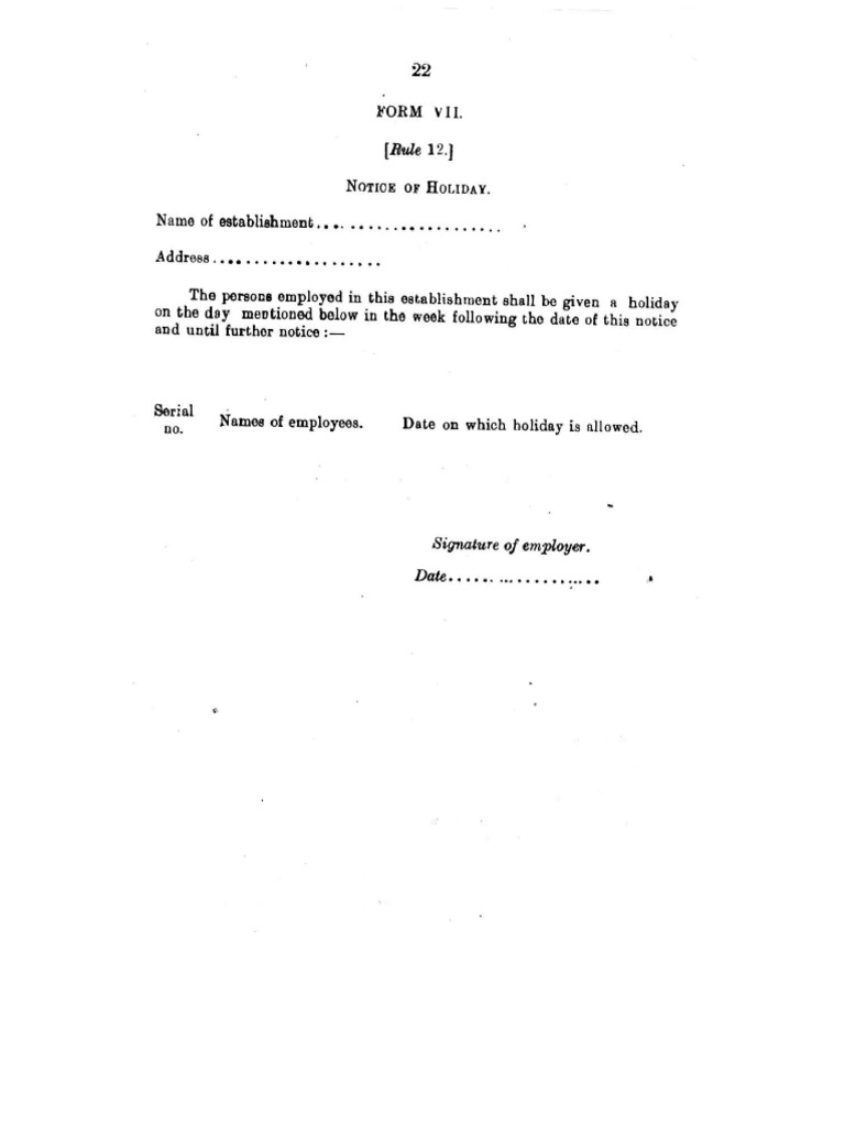 Form VII - Notice of Holiday | PDF