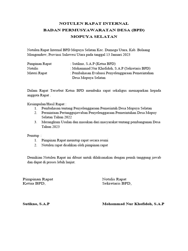 Notulen Rapat Internal 2023 | PDF