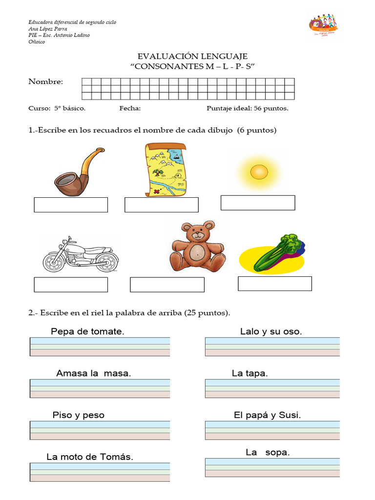 Evaluacion Consonantes M y L S P Primero B | PDF | Lingüística
