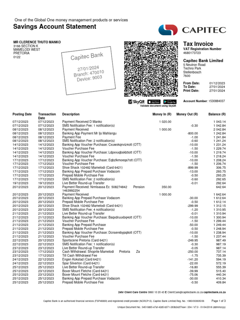 Capitec Bank Savings Statement 2023 | PDF | Stored Value Card | Voucher