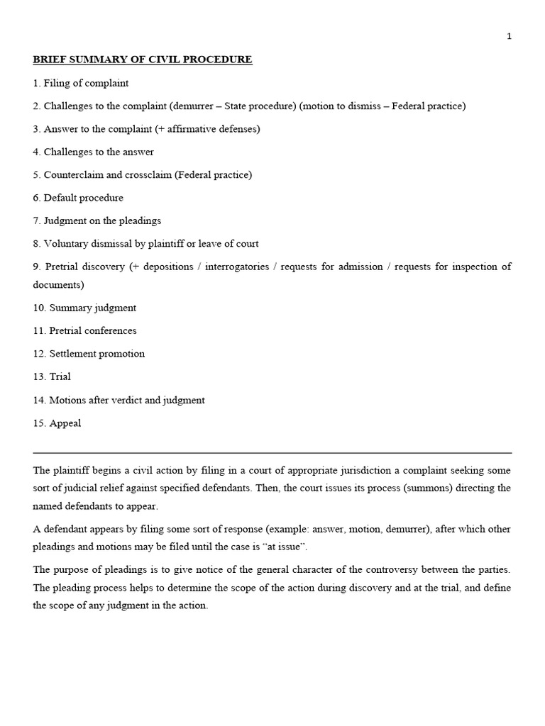 Brief Summary Civil Procedure | Download Free PDF | Demurrer | Pleading