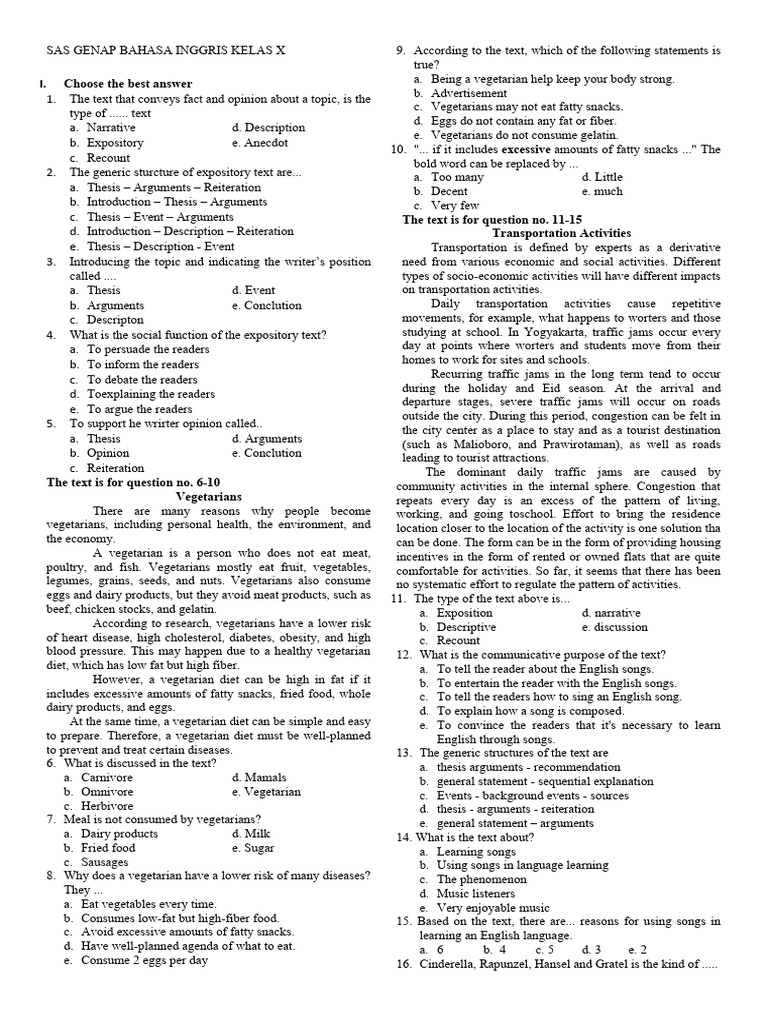 Soal BHS ING SAS SM 2 2023 2024 | PDF | Rapunzel | Vegetarianism