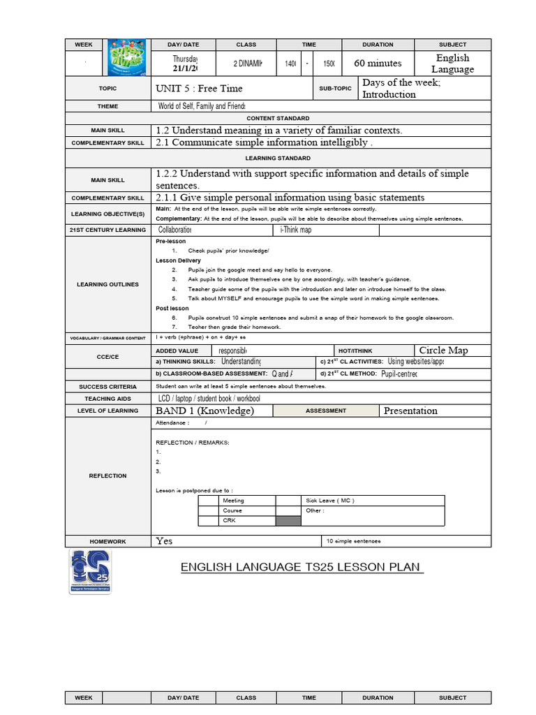WEEK 1 - UNIT 5 FREE TIME | PDF | Teachers | Lesson Plan WEEK 1 - UNIT 5 FREE TIME | PDF | Teachers | Lesson Plan