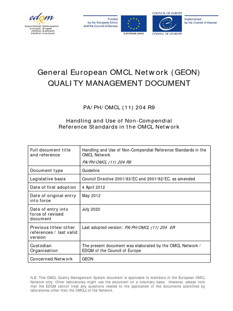 Handling and Use of Non-Compendial Reference Standards in The OMCL ...