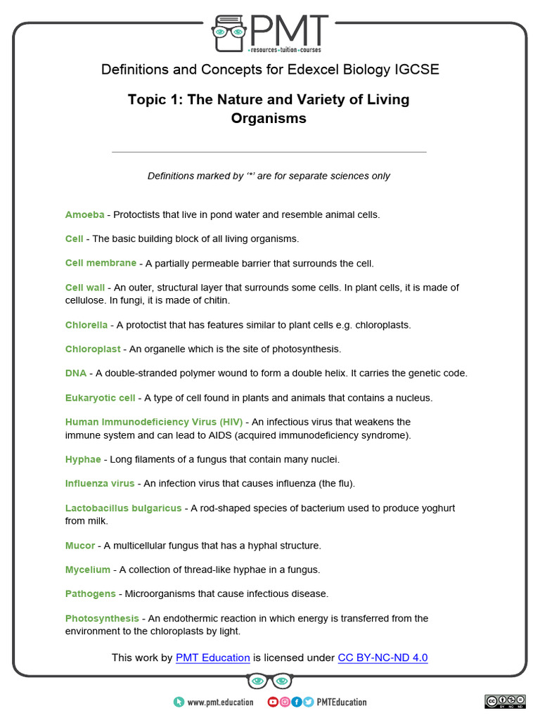 Definitions - Topic 1 The Nature and Variety of Living Organisms ...