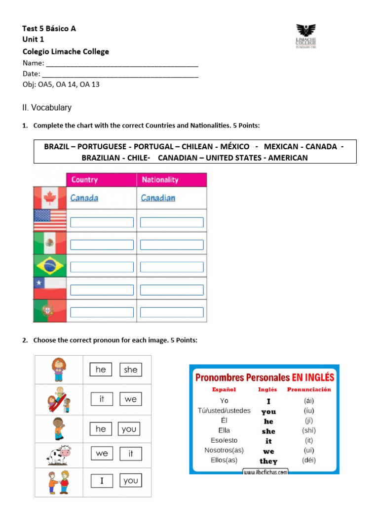 Unit 1 Test 5to Básico | PDF | Semantics | Linguistic Typology