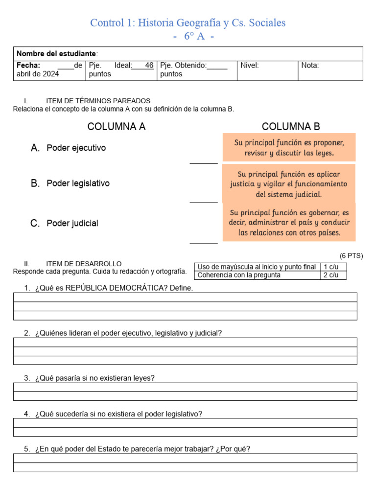 Evaluación Historia y Cs. Sociales 6°A | PDF | Democracia | Ideologías políticas