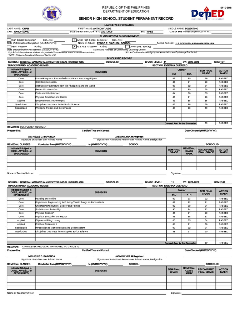 SF10 - Grade 12 - HUMSS Husserl - Chan, Anthony Jude | PDF | Science ...