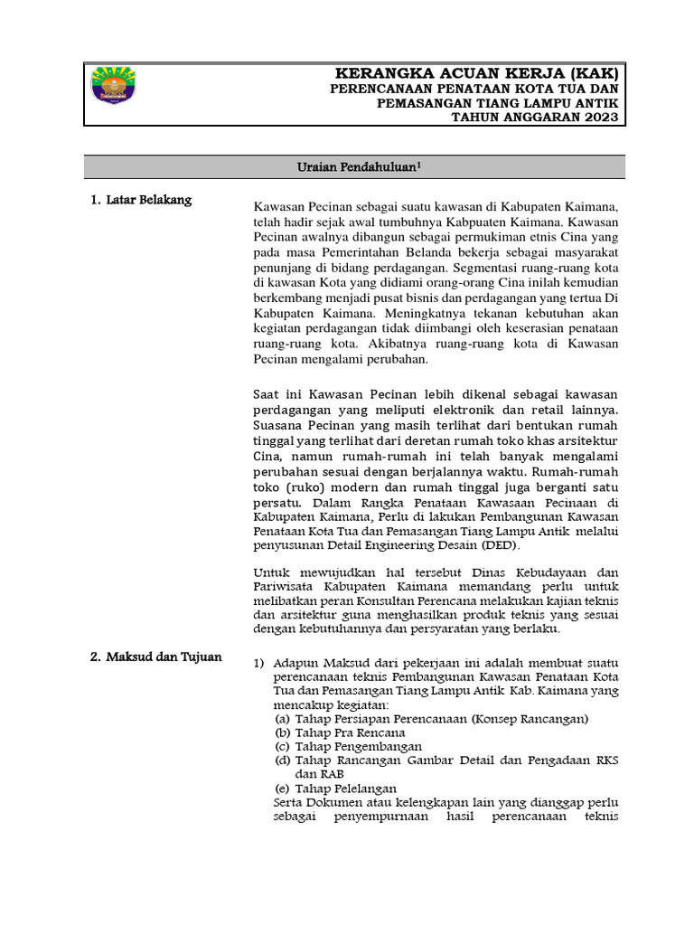 Kak Perencanaan Penataan Kota Tua Dan Pemasangan Tiang Lampu Antik | PDF | Teknologi & Rekayasa