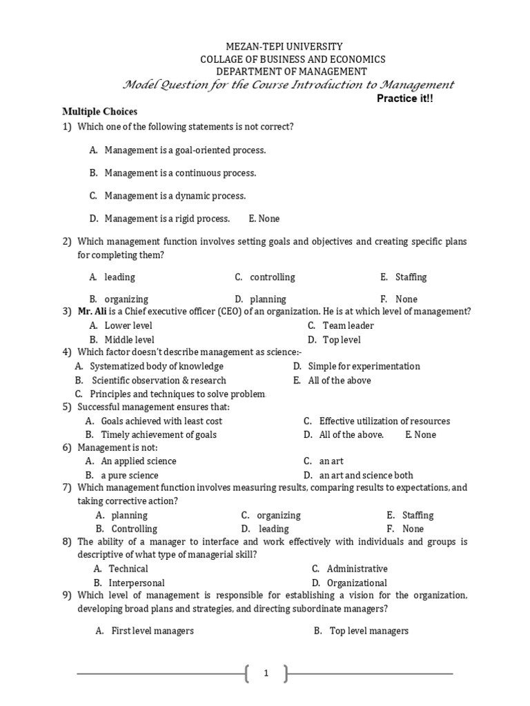 Introduction to Mgt Model Question PDF | PDF | Science | Decision Making