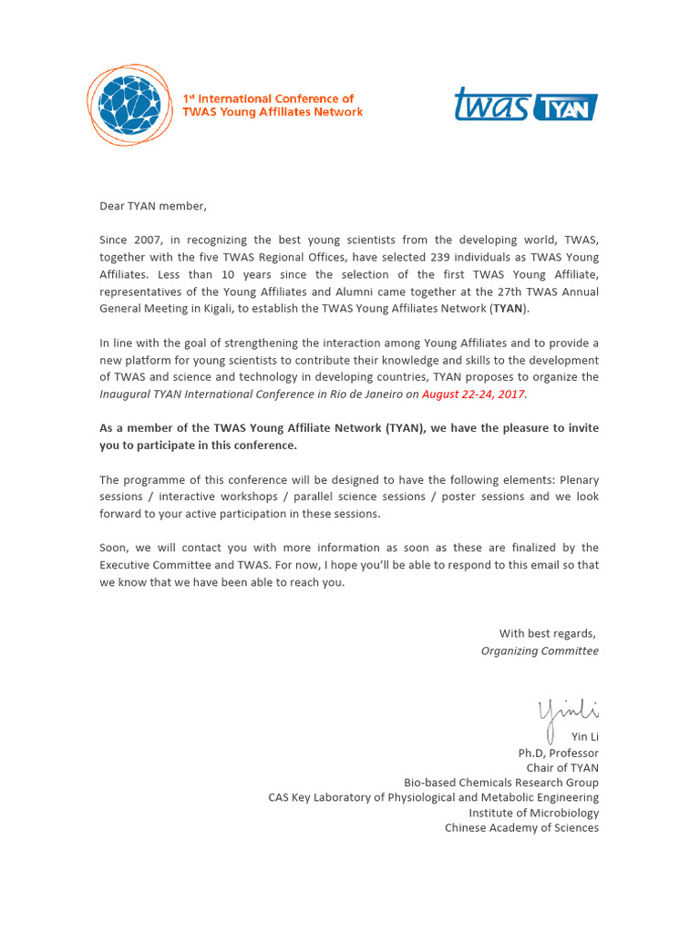 Invite Letter To RO - Inaugural TYAN Conference | Download Free PDF ...
