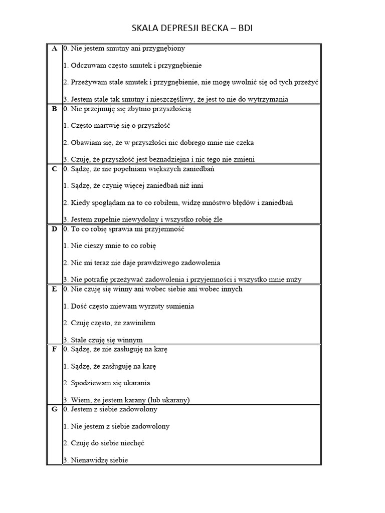 Skala Depresji Becka BDI | PDF