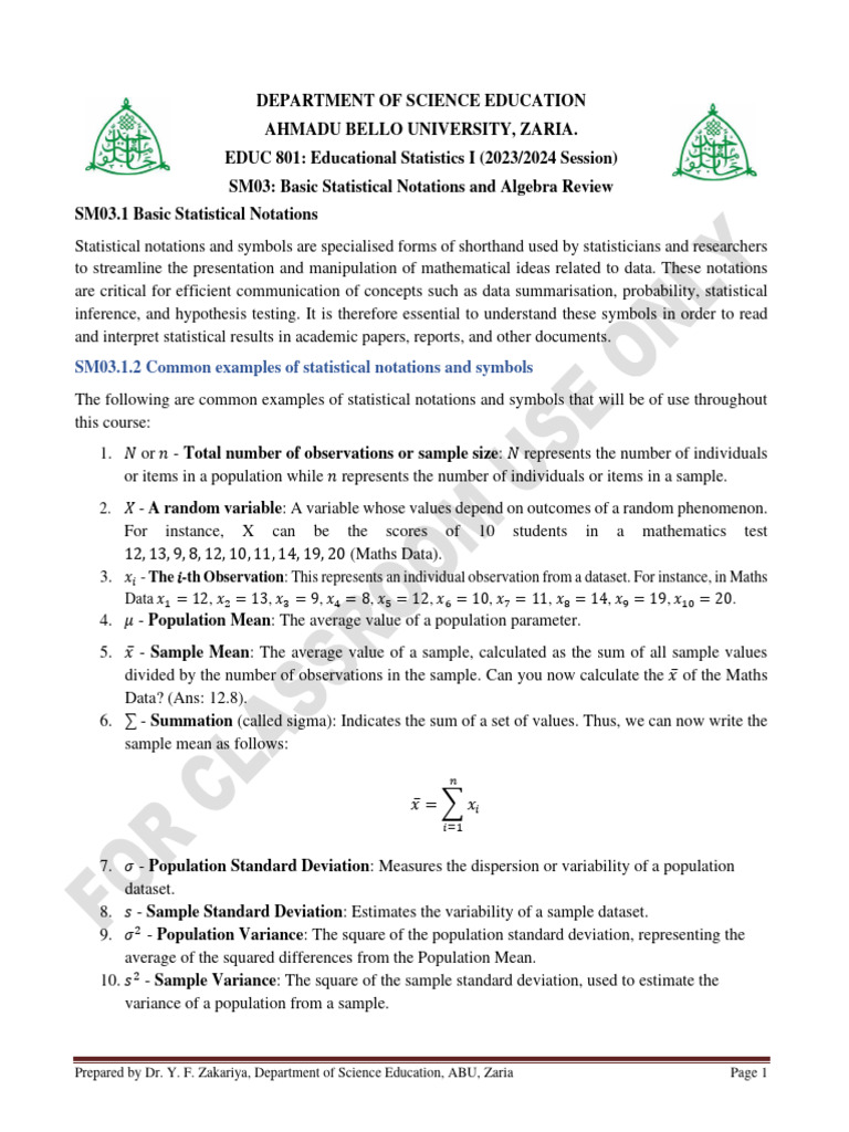 SM03-Basic Statistical Notations and Algebra Review | PDF | Statistics ...