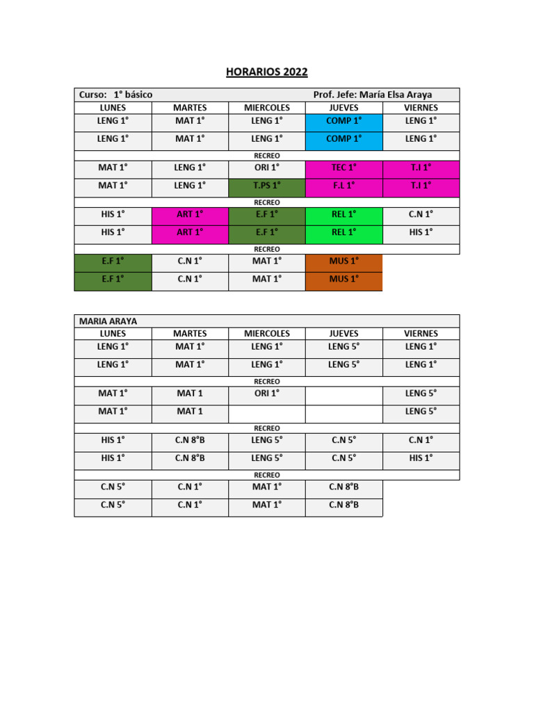 HORARIOS 2022 EGVM - REVISADOS | PDF