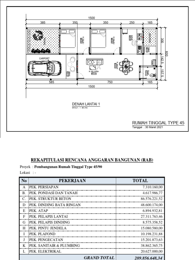 Denah Dan RAB Rumah Tinggal Type 45 Per 90 | PDF