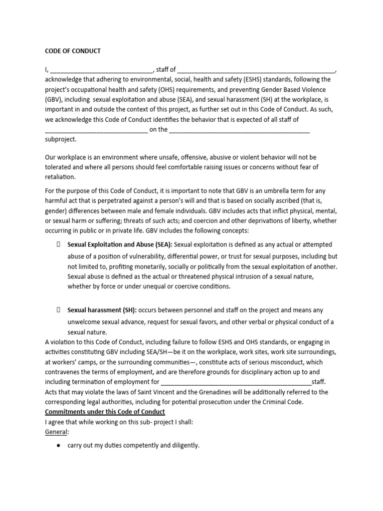 Contractor's Staff CODE OF CONDUCT - Final Version | PDF | Occupational ...