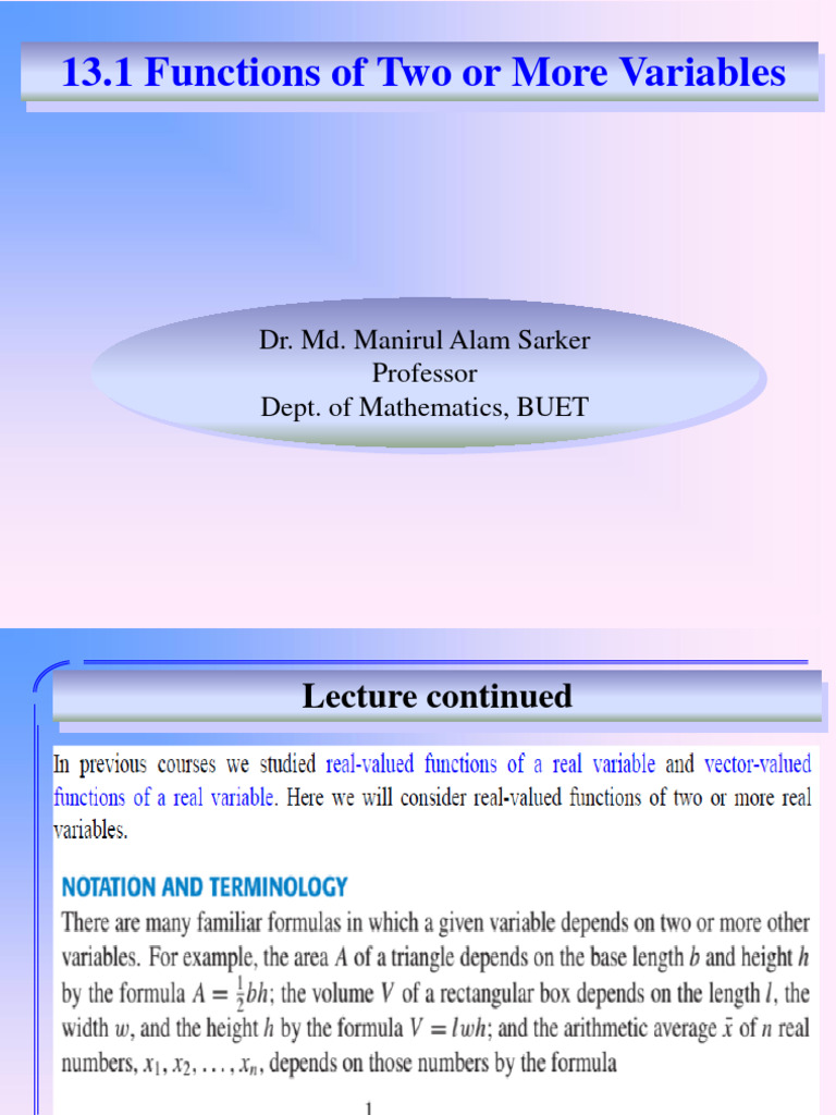 Lecture 1 Functions of Two or More Variables | PDF