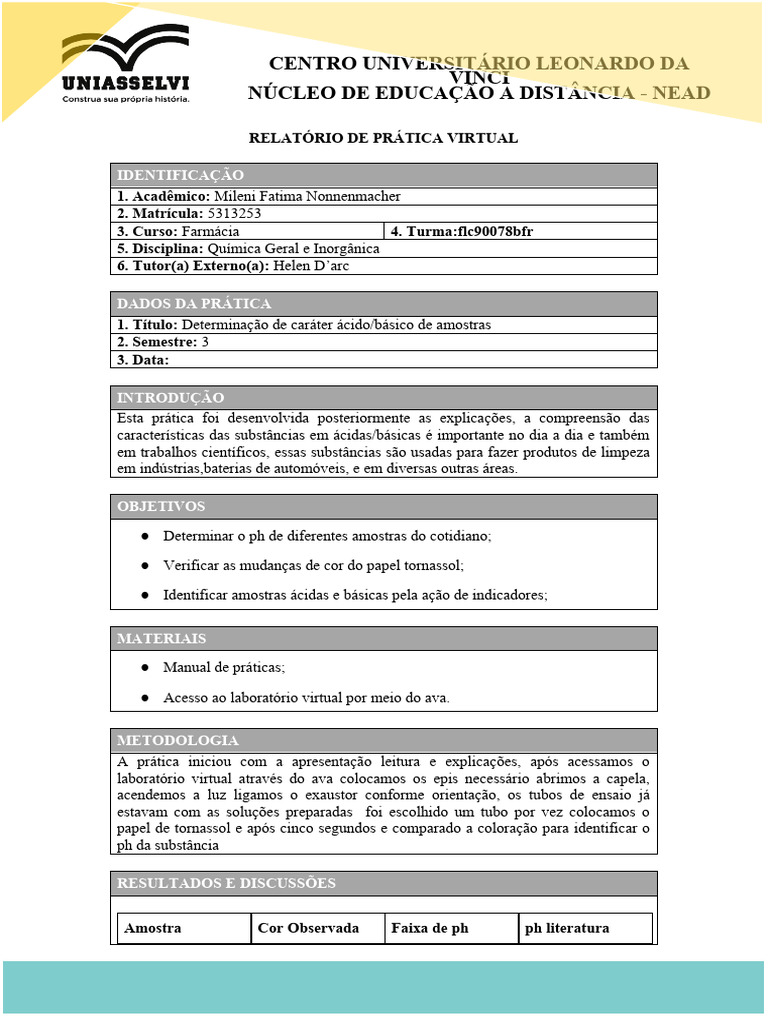 Modelo de Relatório de Prática Virtual - acadêmico | PDF | Ph | Ácido