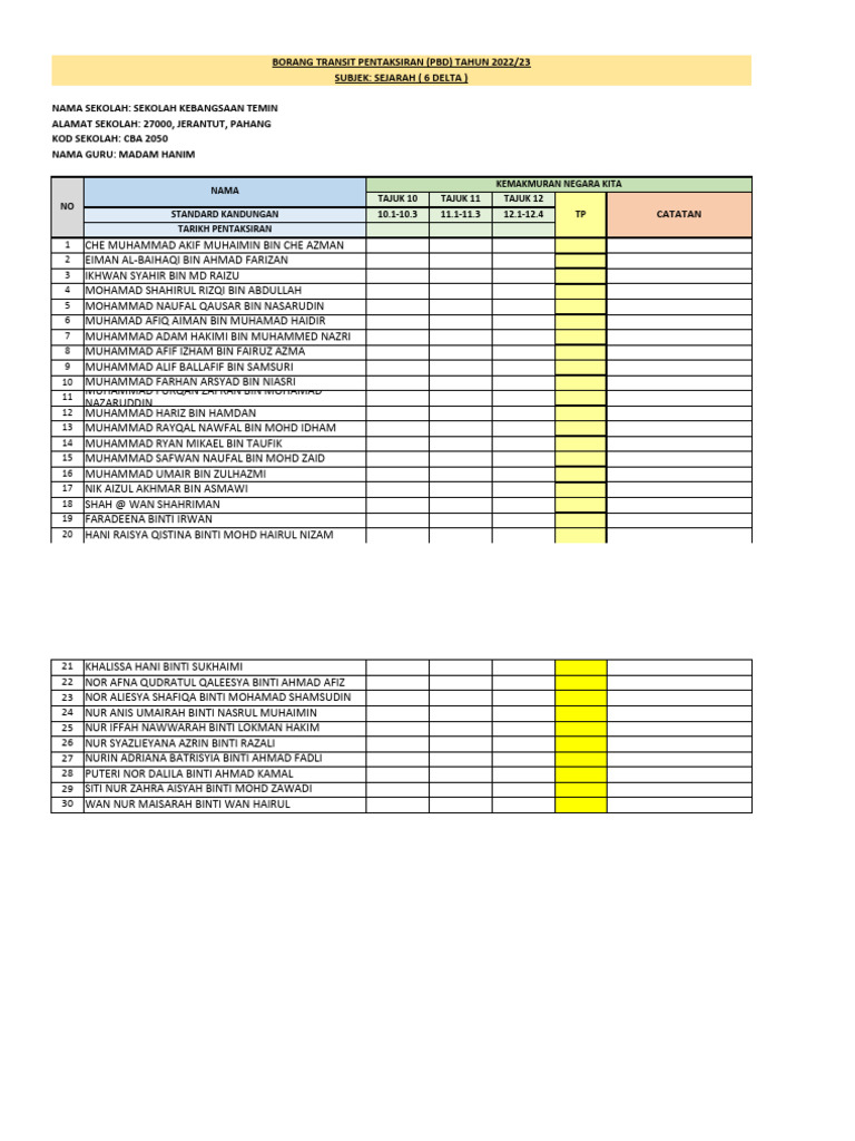 REKOD TRANSIT PBD SEJ THN 6 (Version 2) | PDF