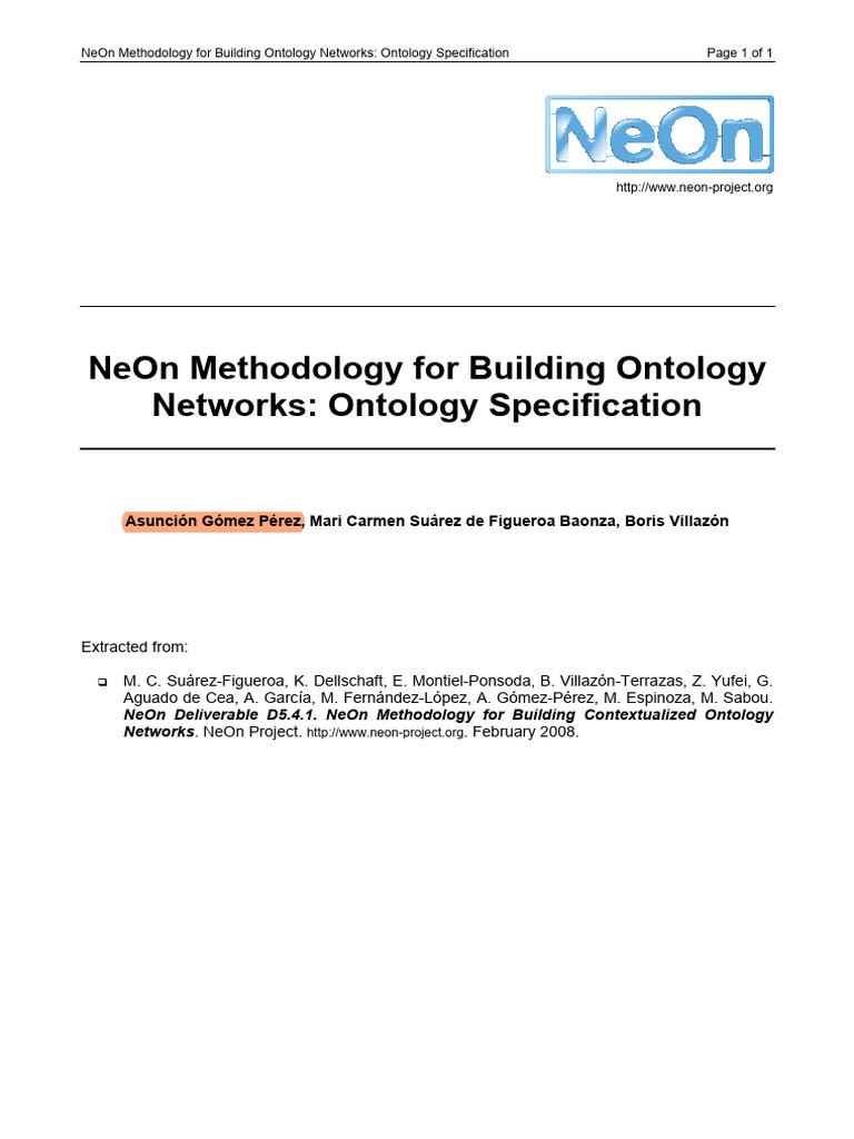 1-2008-Gomez Perez-NeOn-Methodology-OntologySpecification-v3 | PDF | Ontology (Information ...