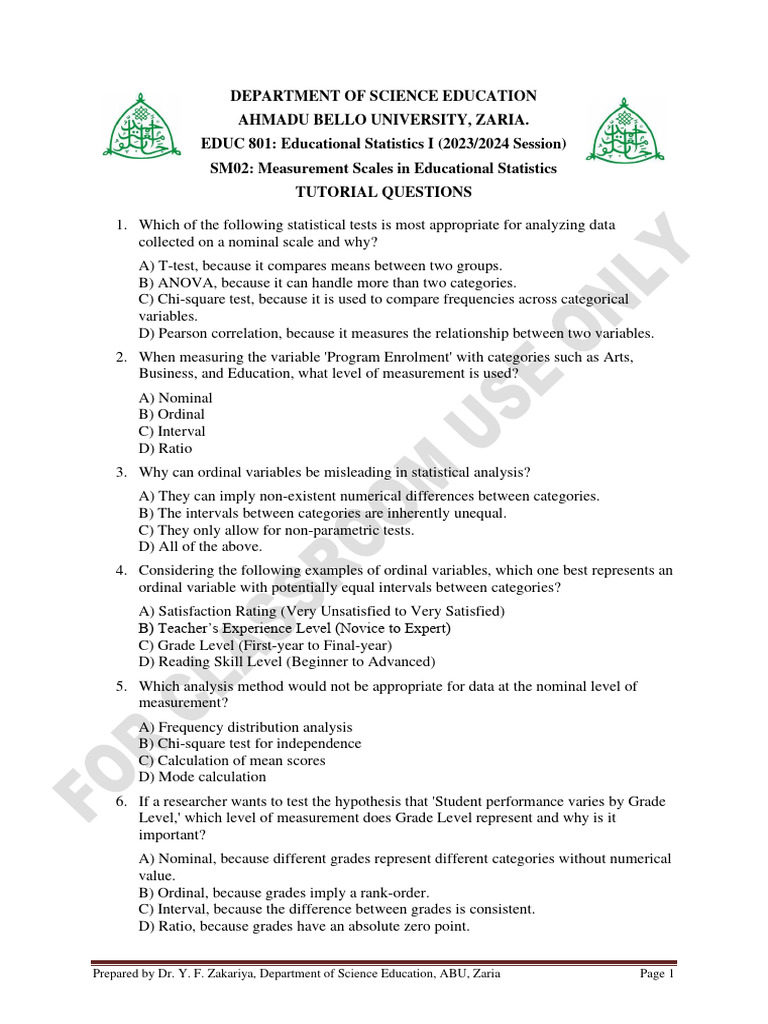 Tutorial Questions SM02 - Measurement Scales in Educational Statistics | PDF | Level Of ...