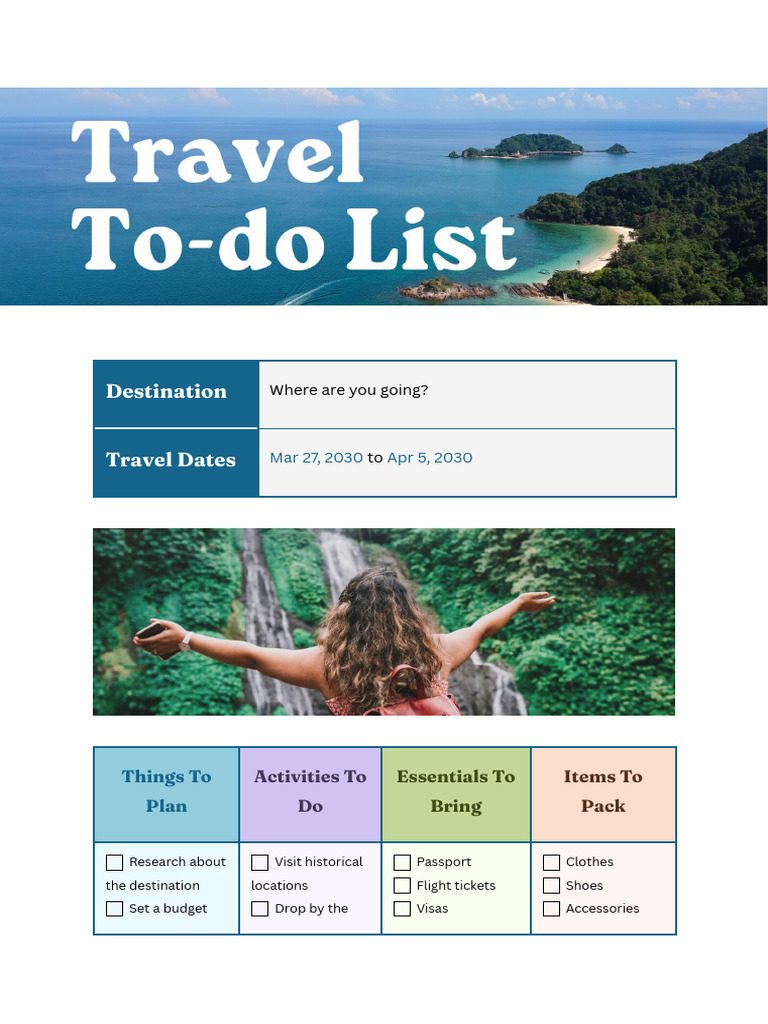 Travel To-Do List Doc in Teal Pastel Green Pastel Purple Vibrant ...