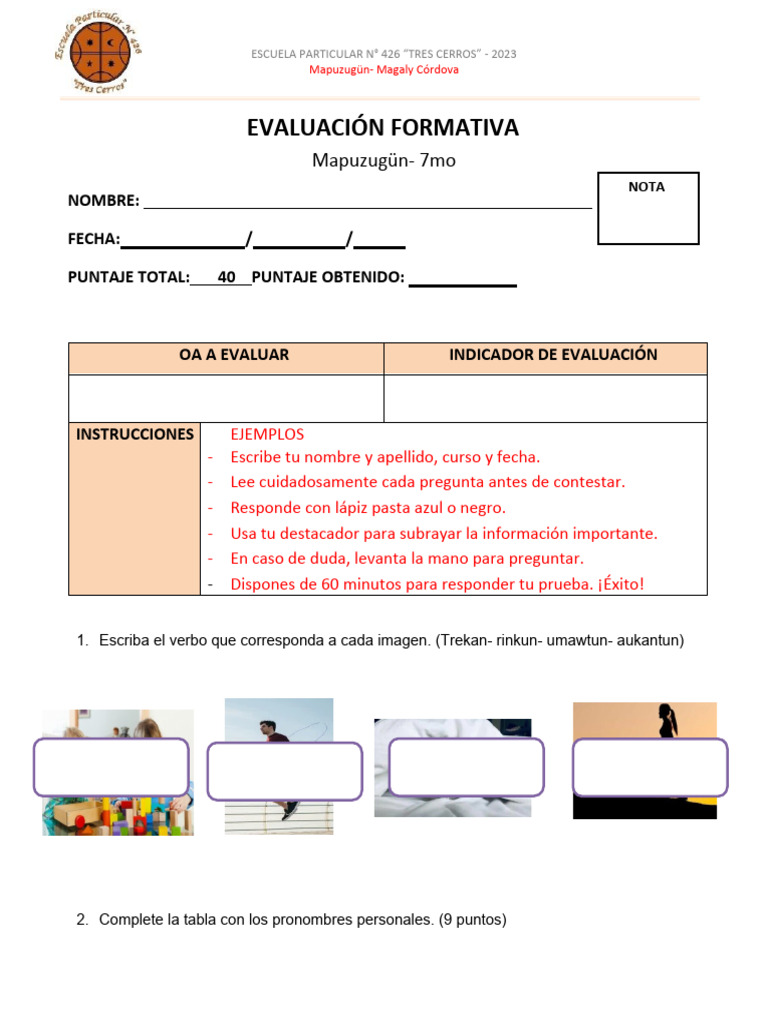 EVALUACIÓN MAPU 7mo | PDF | Familias de idiomas | Gramática