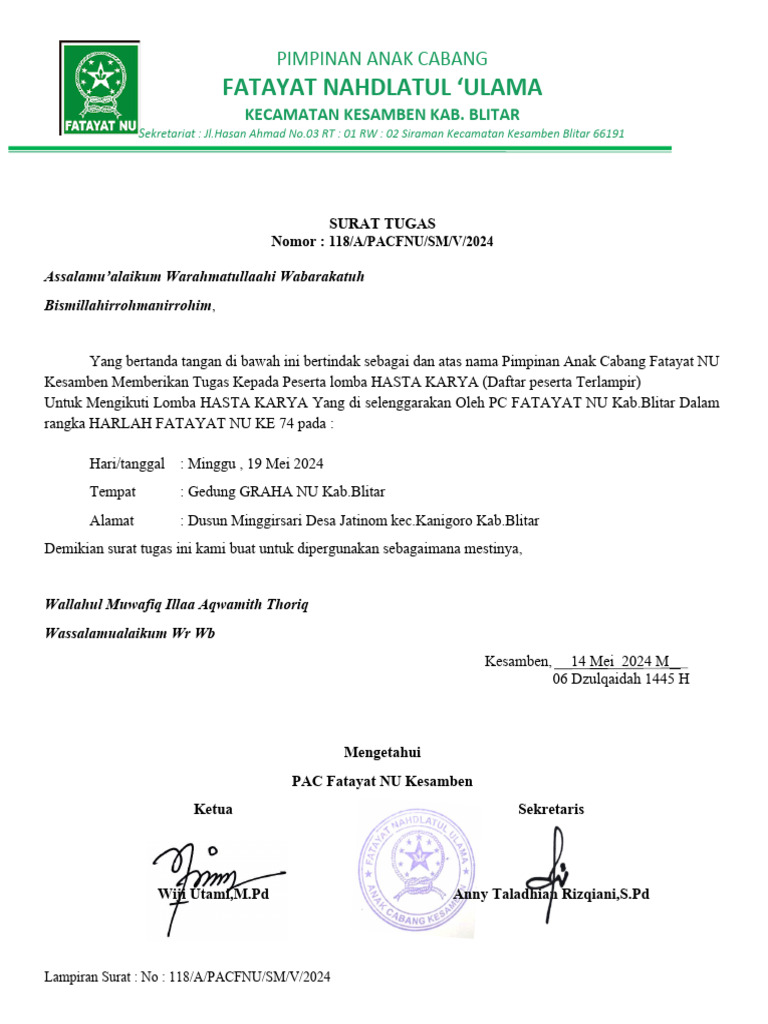 Surat Tugas Lomba Hasta Karya Fatayat NU | PDF