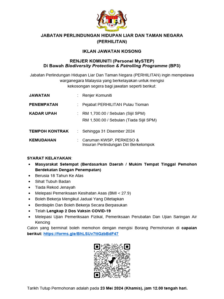 Iklan Pengambilan Renjer Hidupan Liar - MySTEP 2024 - Komuniti Setempat ...