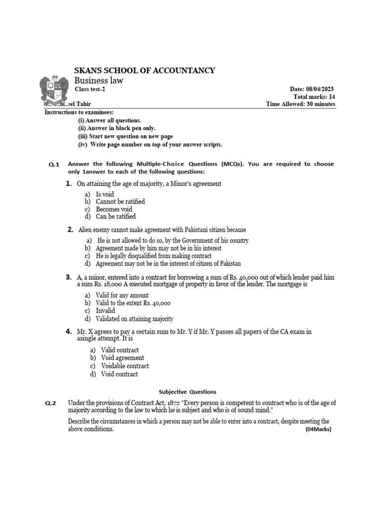 Class Test-2(Ch#3) (1) | PDF | Void (Law) | Civil Law (Legal System)