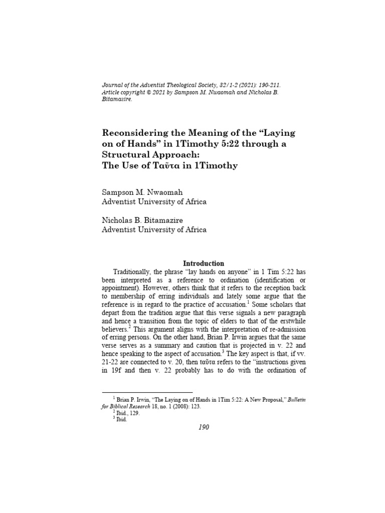 Reconsidering The Meaning of The Laying On of Hands in 1timothy 522 ...