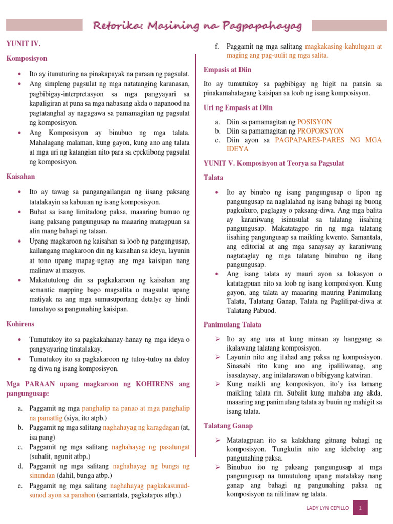 Fili 103 - Yunit Iv-Vi Reviewer | PDF