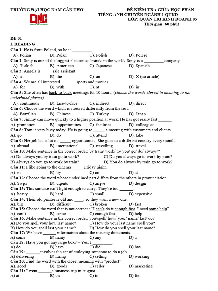 English Exam for Business Administration Students | PDF | Business ...