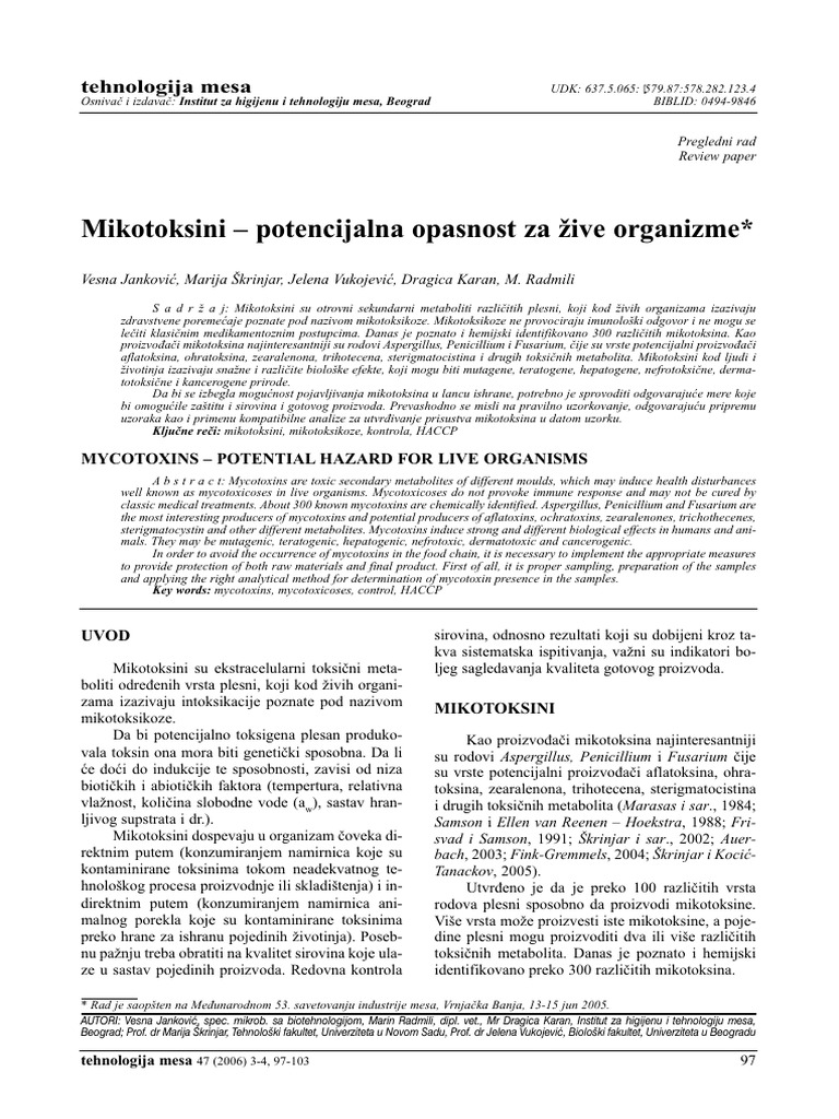 Mikotoksini Potencijalna Opasnost | PDF