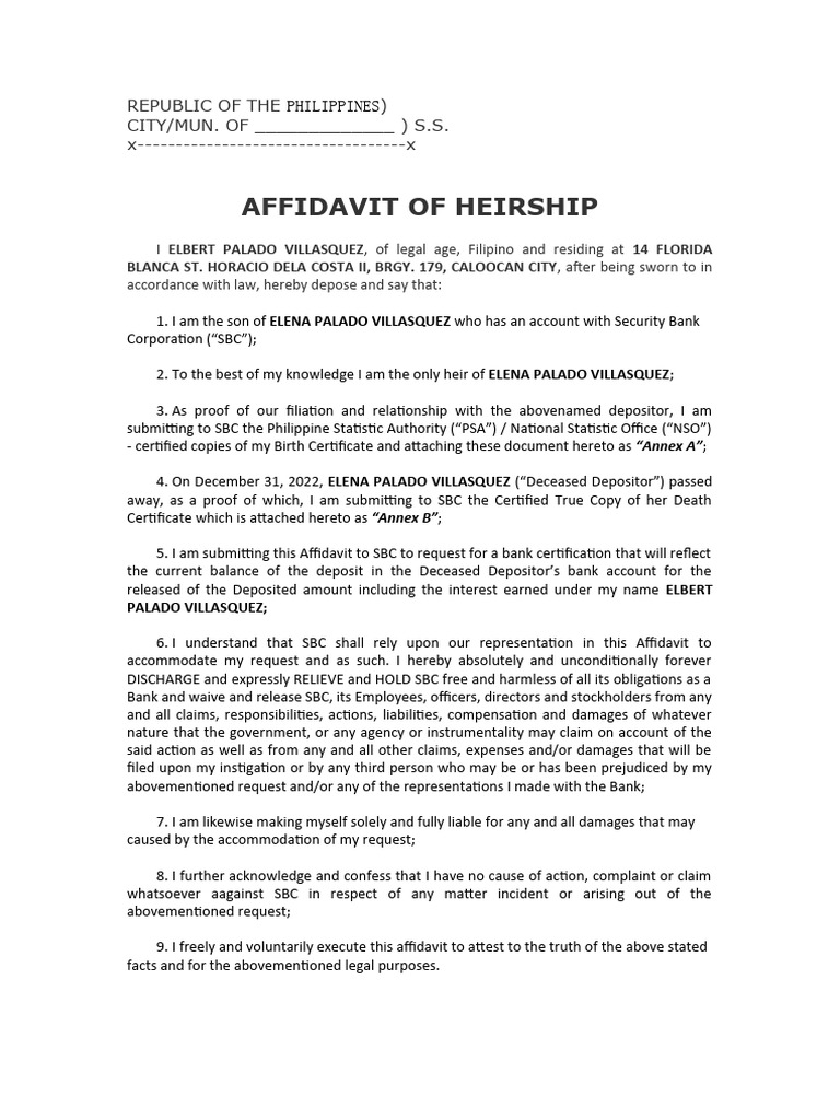 Affidavit of Heirship Updated New | PDF | Affidavit | Private Law