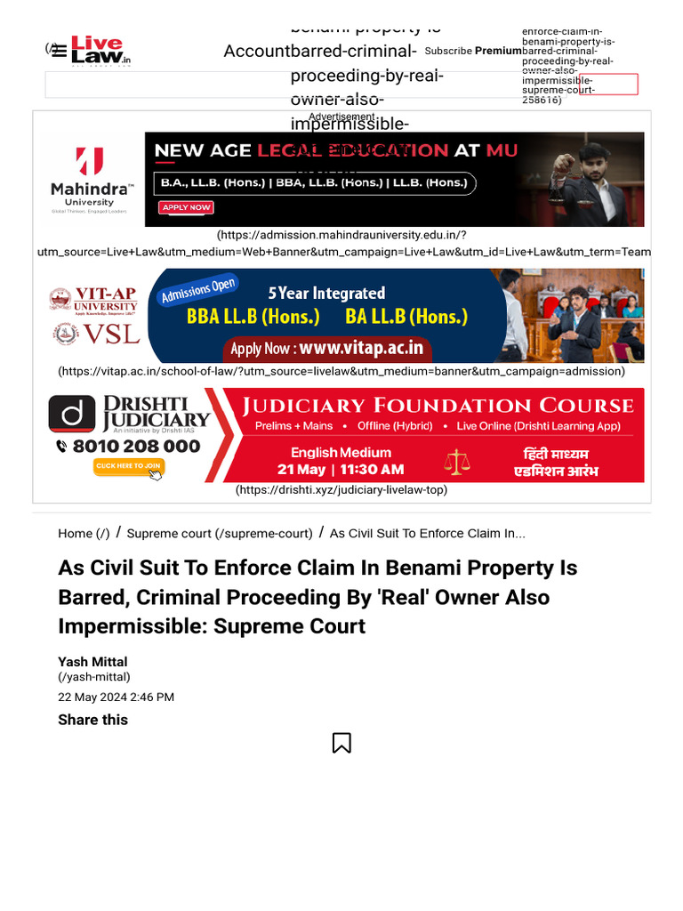 As Civil Suit To Enforce Claim in Benami Property Is Barred, Criminal Proceeding by 'Real' Owner ...