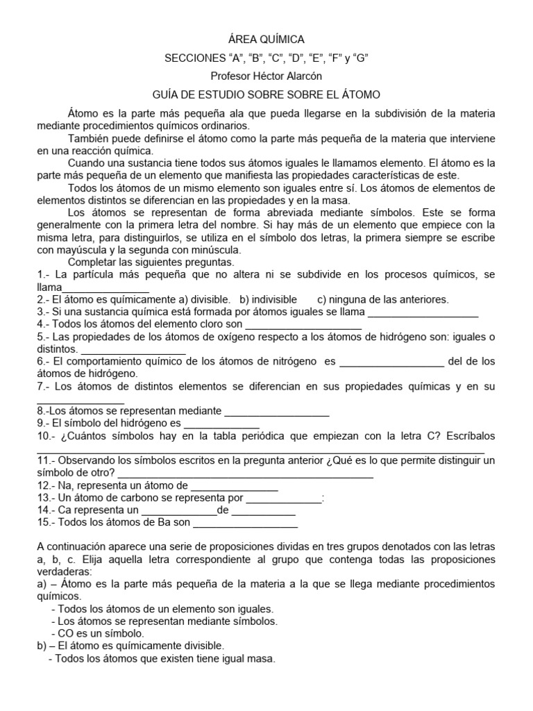 Guía de Estudio sobre el Átomo | PDF | Elementos químicos | Química