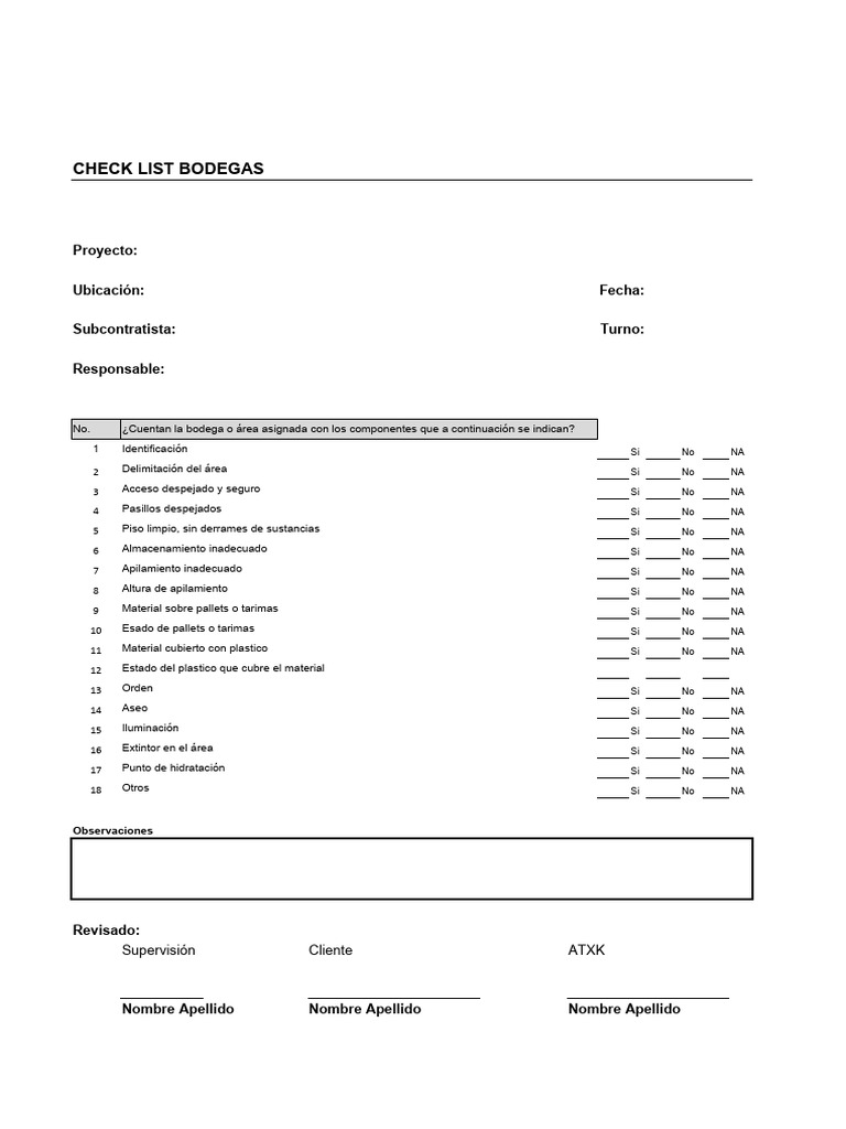 Check List Bodega | PDF