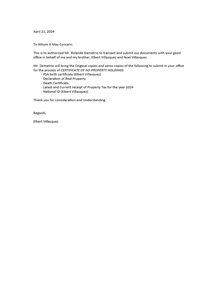 Authorization for Certificate of No Property Holdings | PDF