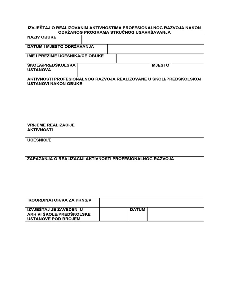 OBRAZAC Izvjestaj o Realizovanim Aktivnostima PR 1 | PDF