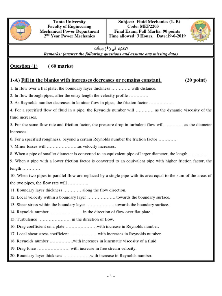 Fluid-1b Final Exam 2019 | PDF | Boundary Layer | Fluid Dynamics