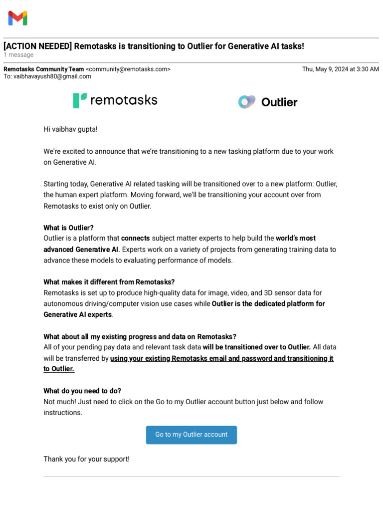 Gmail - (ACTION NEEDED) Remotasks Is Transitioning To Outlier For ...