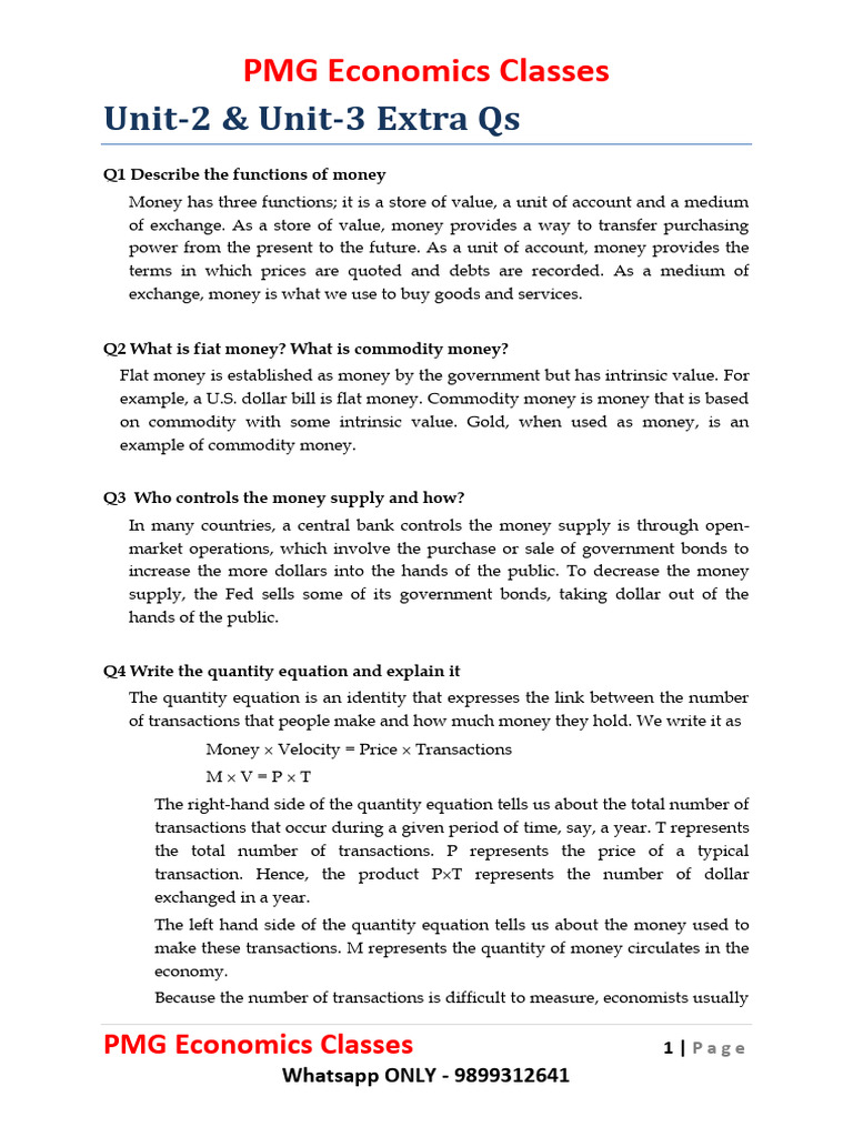 PMG - Qs of Unit 2 - 3 | PDF | Inflation | Money Supply