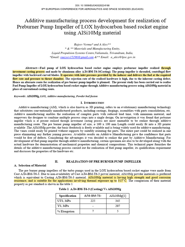 Additive Manufacturing Process Development For Realization of Preburner ...