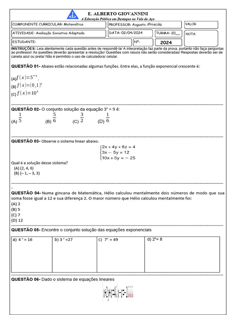 Avaliação De Matemática Adaptada Ana Clara E Mirelly Pdf Equações