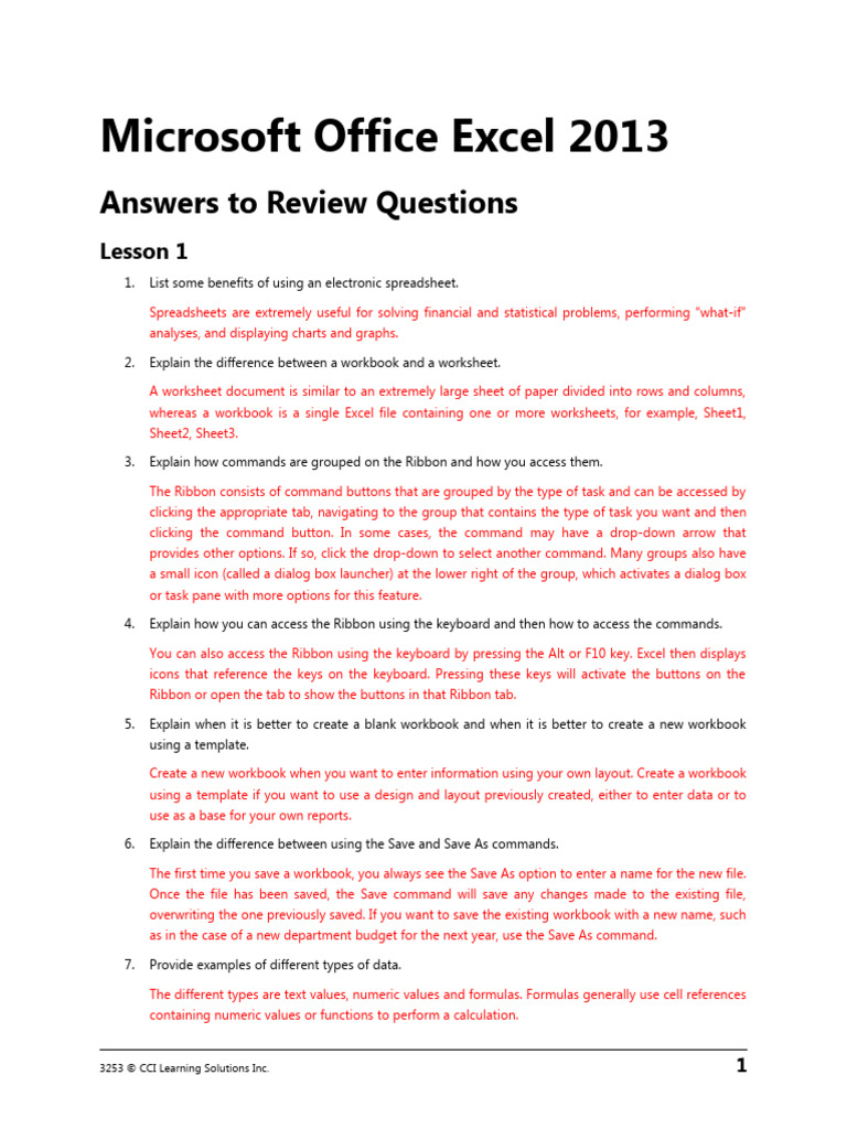 3253 Review Questions Answer Key | PDF | Microsoft Excel | Comma Separated Values
