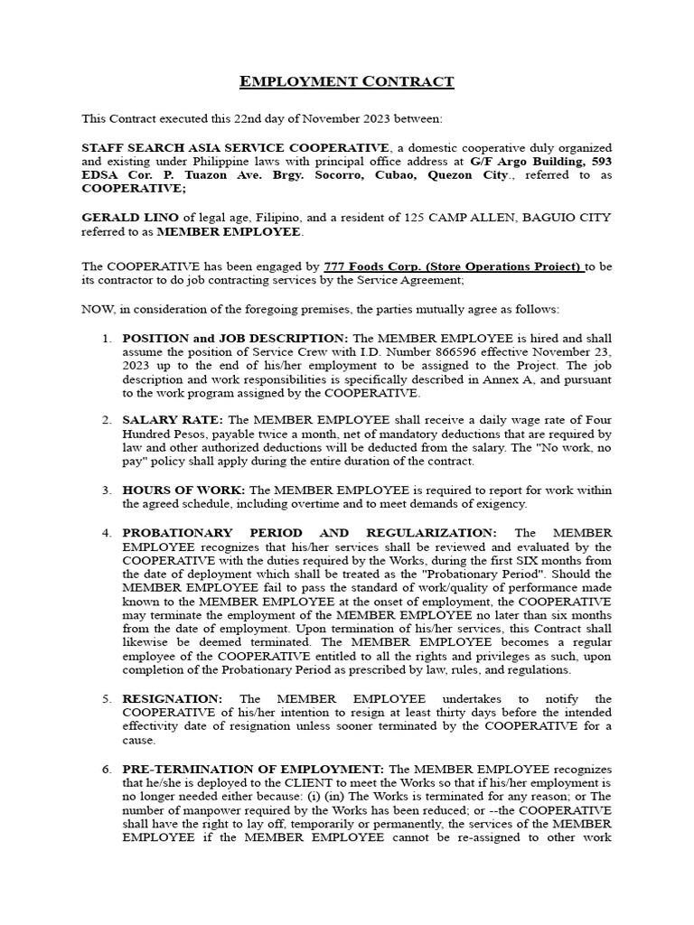 Employment Contract | PDF | Employment | Cooperative